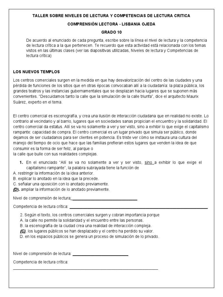 Taller - Niveles de Lectura y Competencias Grado 10 | PDF | Verdad ...