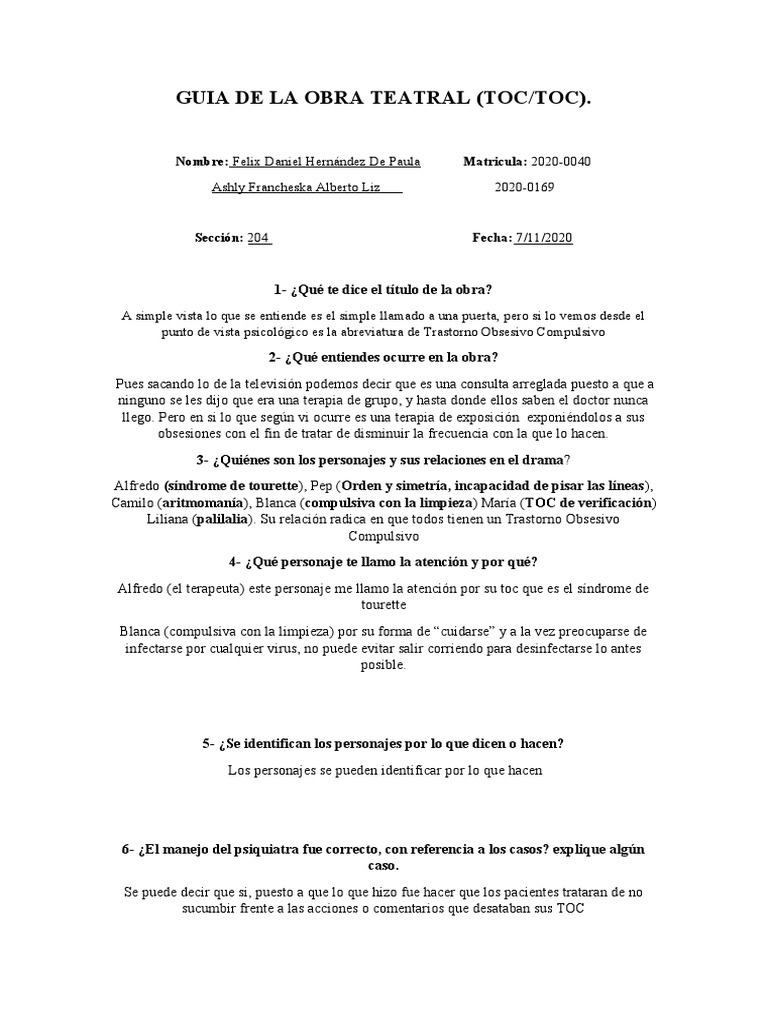 Guia de La Obra Teatral Toc Toc | PDF | Desorden obsesivo compulsivo ...