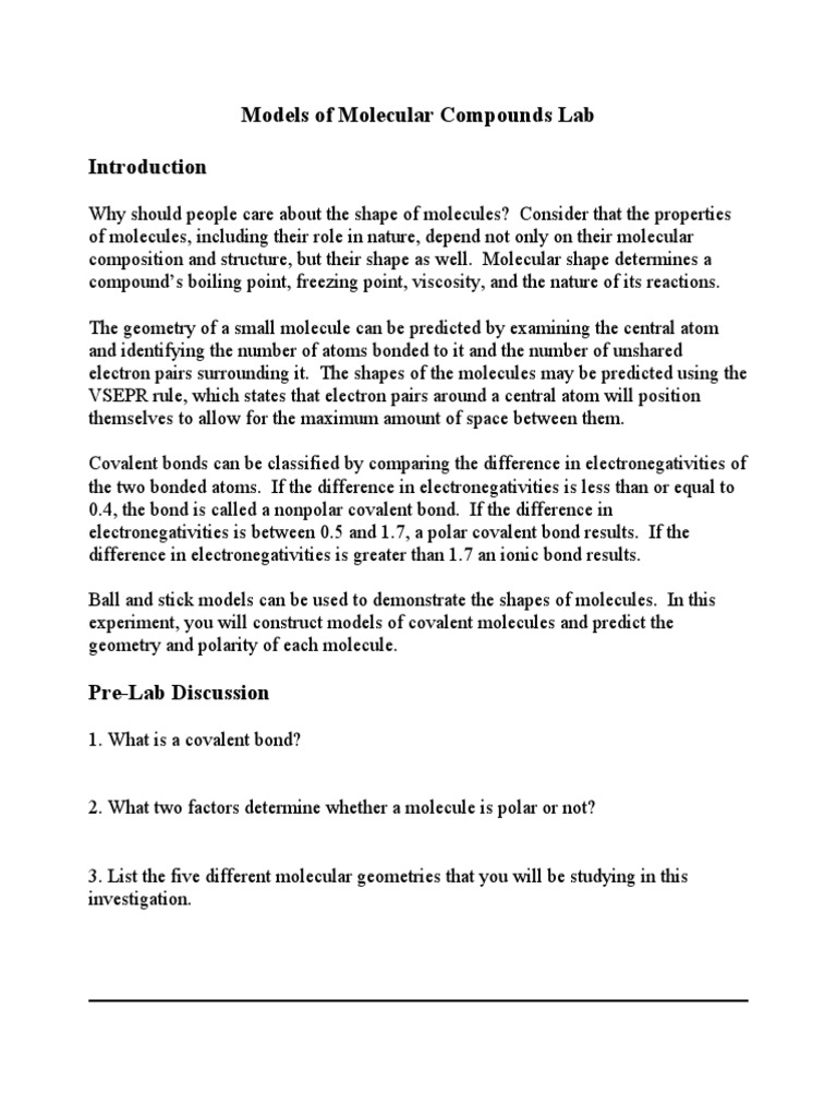 Models of Molecular Compounds Lab | PDF | Chemical Polarity | Chemical Bond