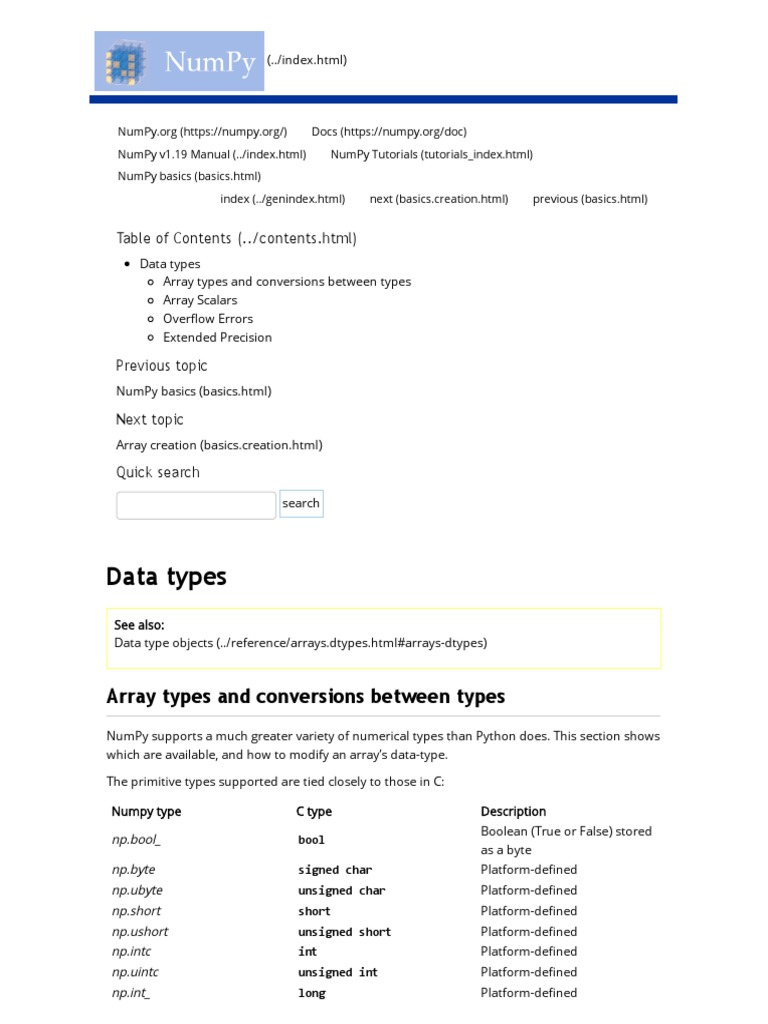 Data Types - NumPy v1.19 Manual | PDF | Integer (Computer Science) | 64 ... Data Types - NumPy v1.19 Manual | PDF | Integer (Computer Science) | 64 ...