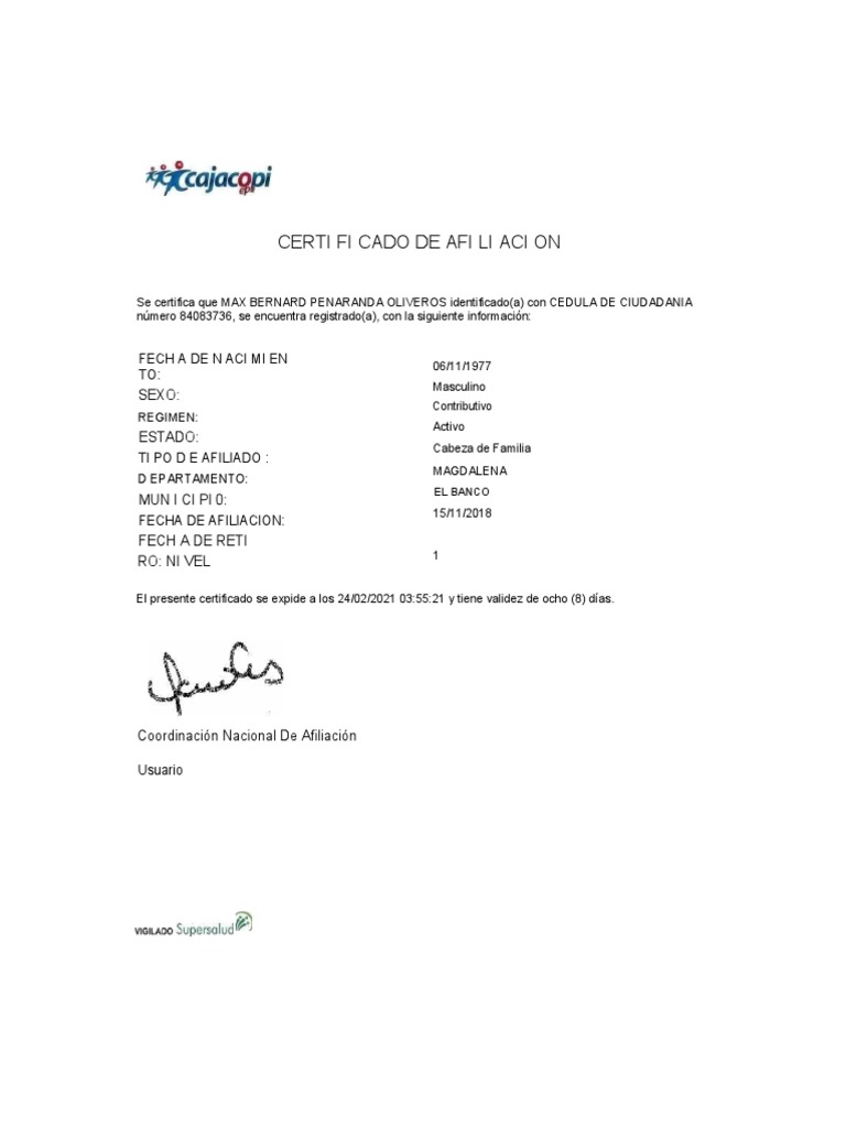 Certificado EPS Cajacopi 07122020 | PDF