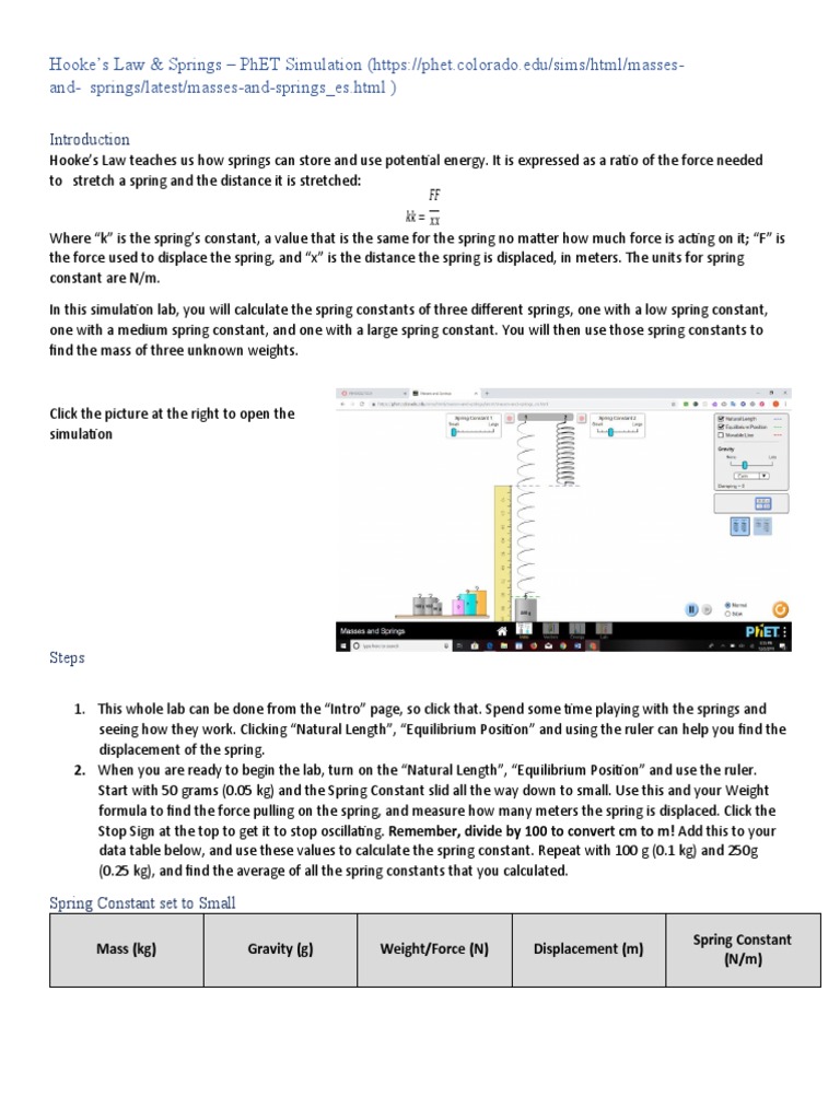 Hooke'S Law & Springs - Phet Simulation (Https://Phet - Colorado.Edu ...