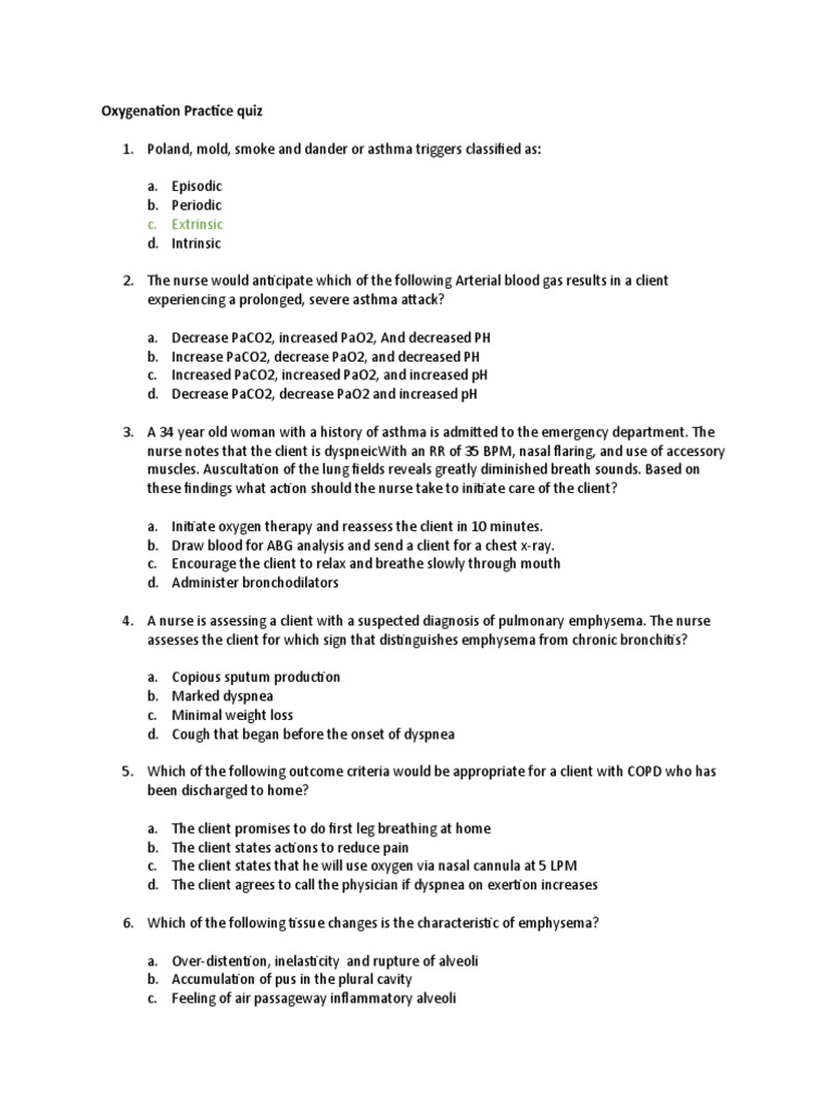 Oxygenation Practice Quiz for Nurses | PDF | Chronic Obstructive ...