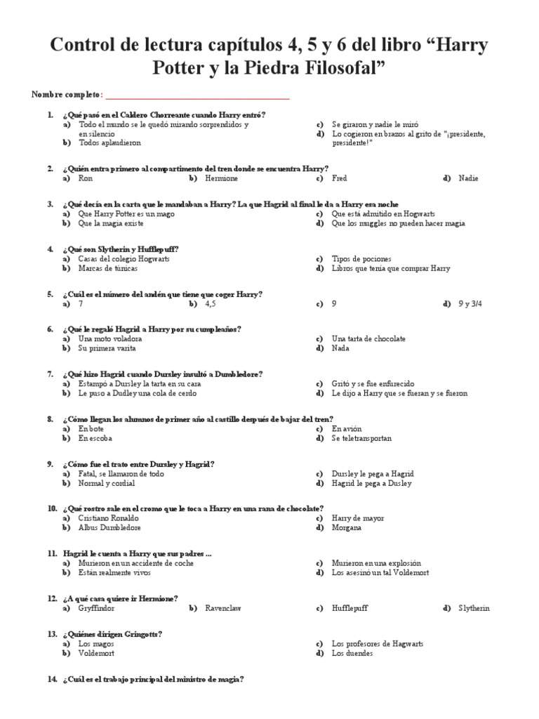 Control de Lectura Capítulos 4, 5 y 6. HARRY POTTER Y LA PIEDRA ...