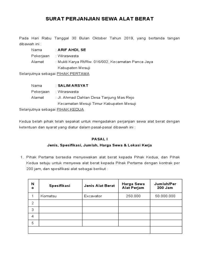 Surat Perjanjian Sewa Alat Berat | PDF