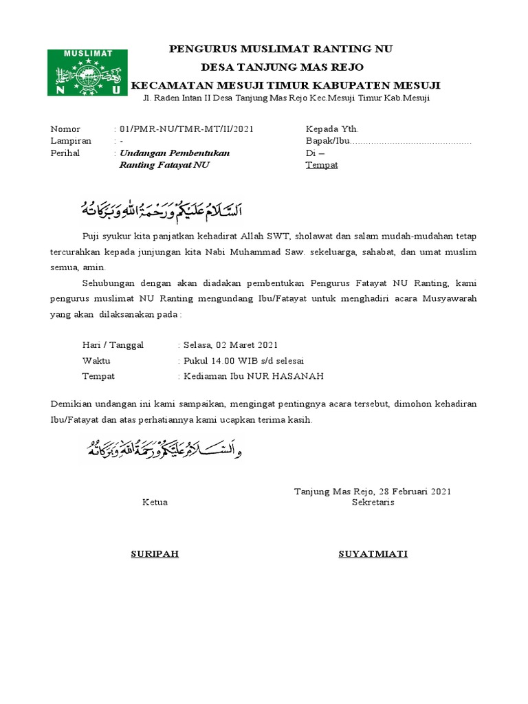 Undangan Pembentukan Ranting Fatayat Nu Tanjung Mas Rejo | PDF