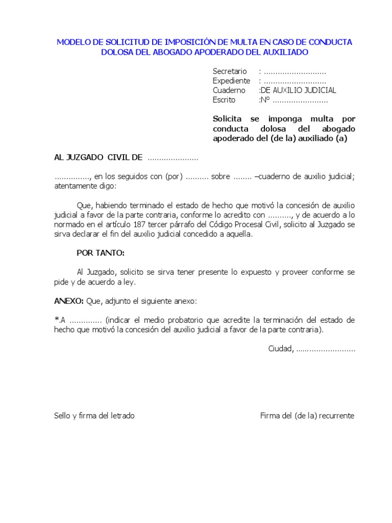 Modelo de Solicitud de Imposición de Multa en Caso de Conducta Dolosa Del Abogado Apoderado Del ...