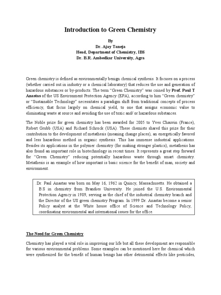 Introduction To Green Chemistry | PDF | Green Chemistry | Chemistry