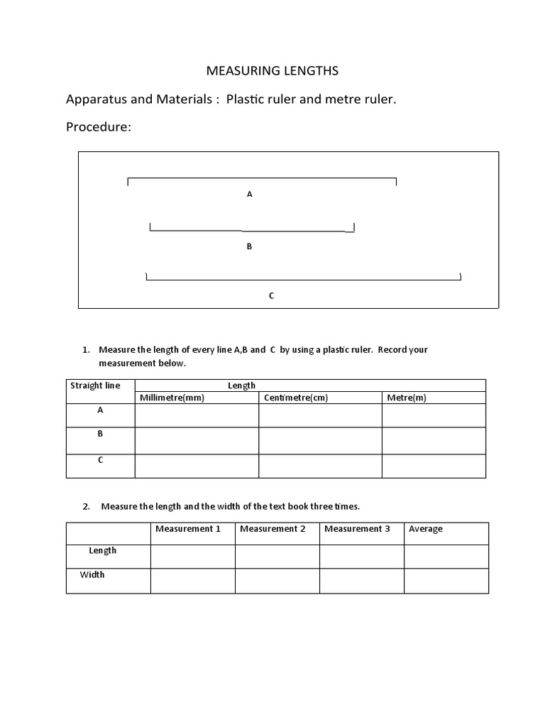 Measuring Lengths Apparatus and Materials: Plastic Ruler and Metre ...