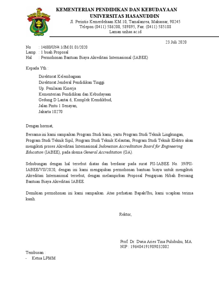 Surat Permohonan Bantuan Biaya Akreditasi IABEE Dari Rektor | PDF