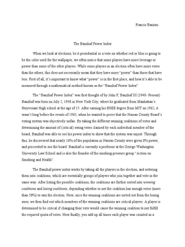 Understanding the Banzhaf Power Index | PDF | Voting | Elections