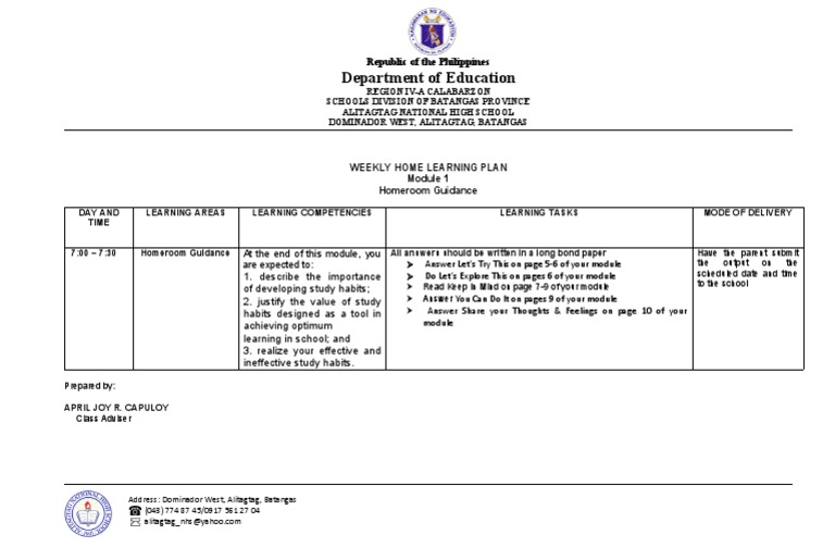 Developing Effective Study Habits: A Weekly Home Learning Plan for ...