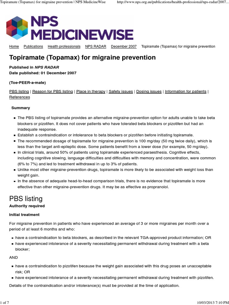 Topiramate (Topamax) For Migraine Prevention - NPS MedicineWise | PDF ...