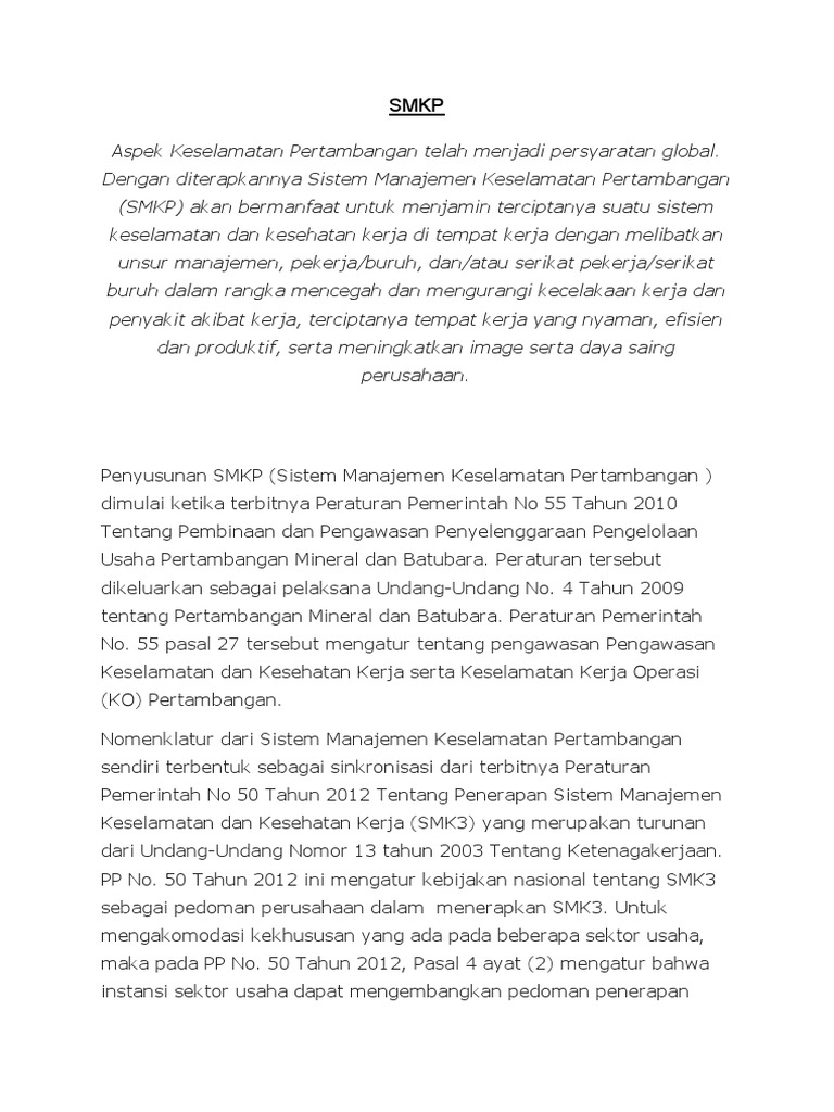Penerapan Sistem Manajemen Keselamatan Pertambangan (SMKP) di Indonesia ...