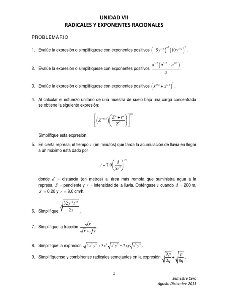 Radicals y Exponentes Racionales: Ejercicios | PDF | Masa | Filosofía ...