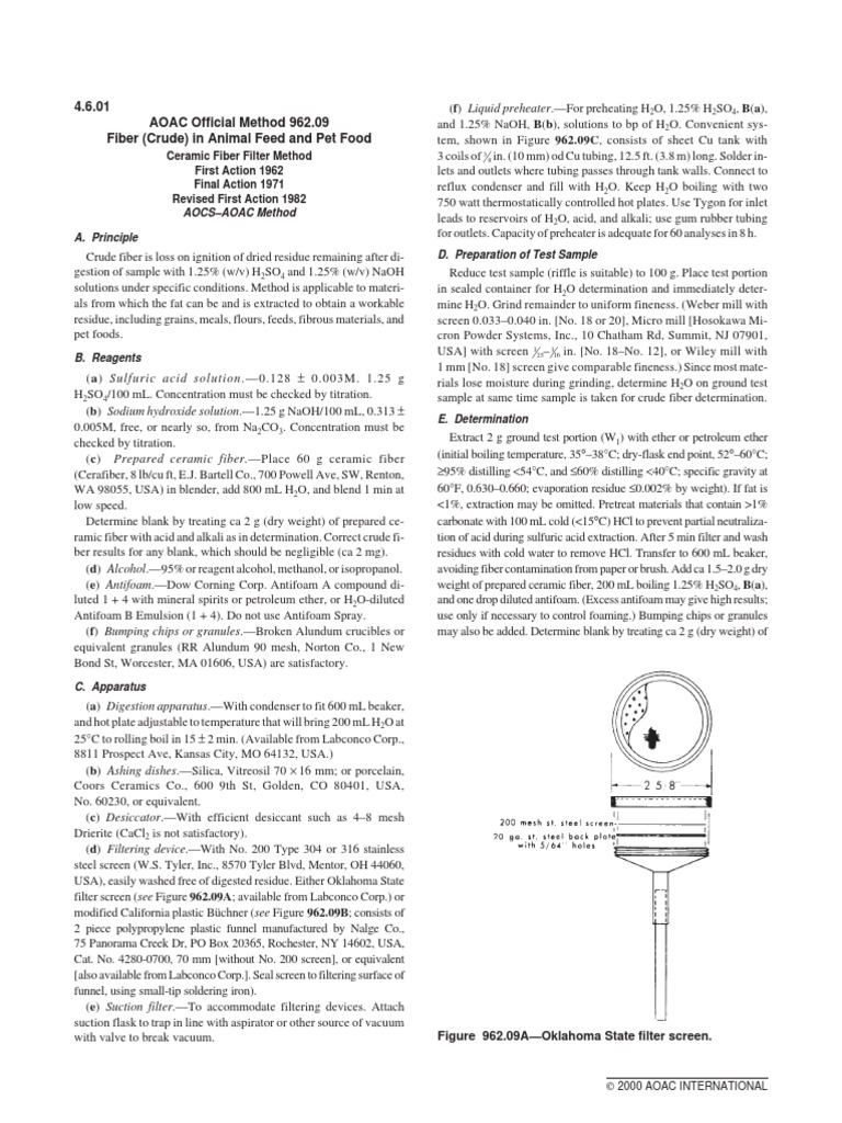 AOAC Method 962.09 for Crude Fiber Analysis | PDF | Filtration | Sodium ...