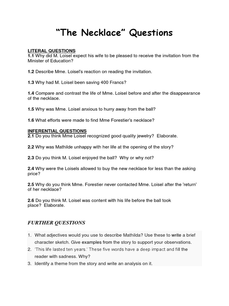 "The Necklace: Key Questions & Answers" | PDF | Lifestyle