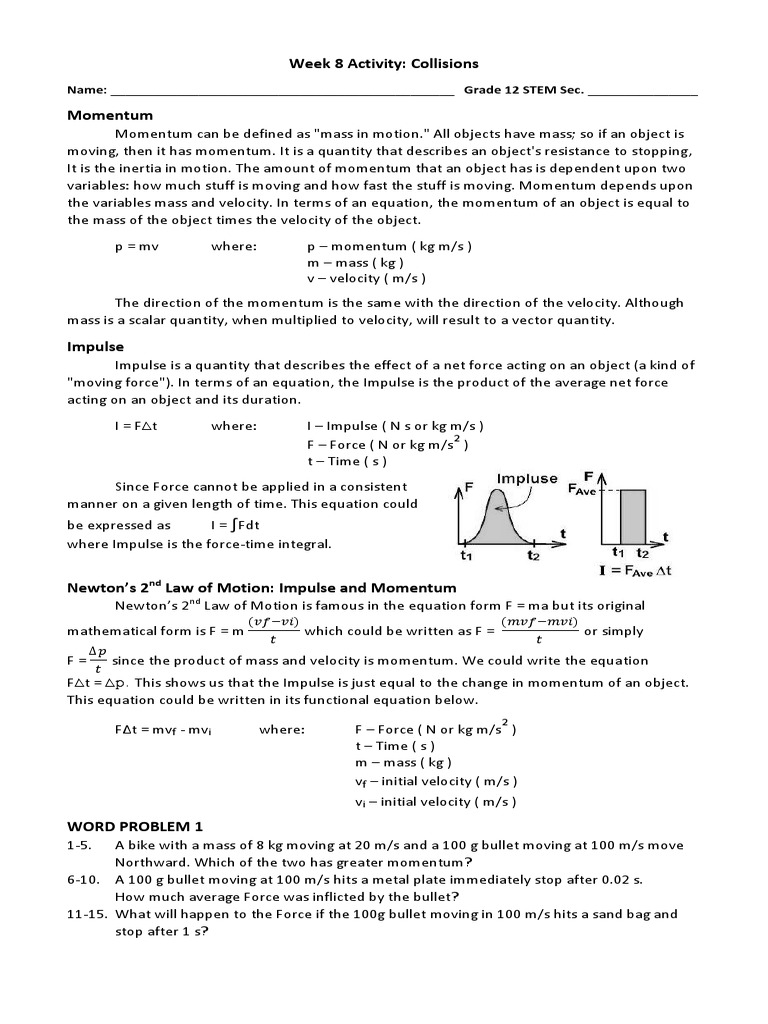 Week 8 Activity: Collisions: Name: - Grade 12 STEM Sec. | PDF ...