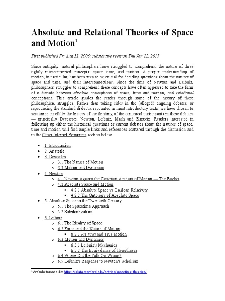 Absolute and Relational Theories of Space and Motion | PDF | Space ...