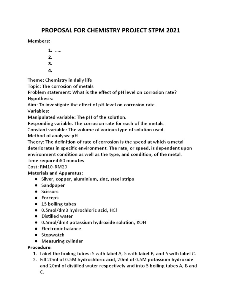 Proposal For Chemistry Project STPM 2021 | PDF