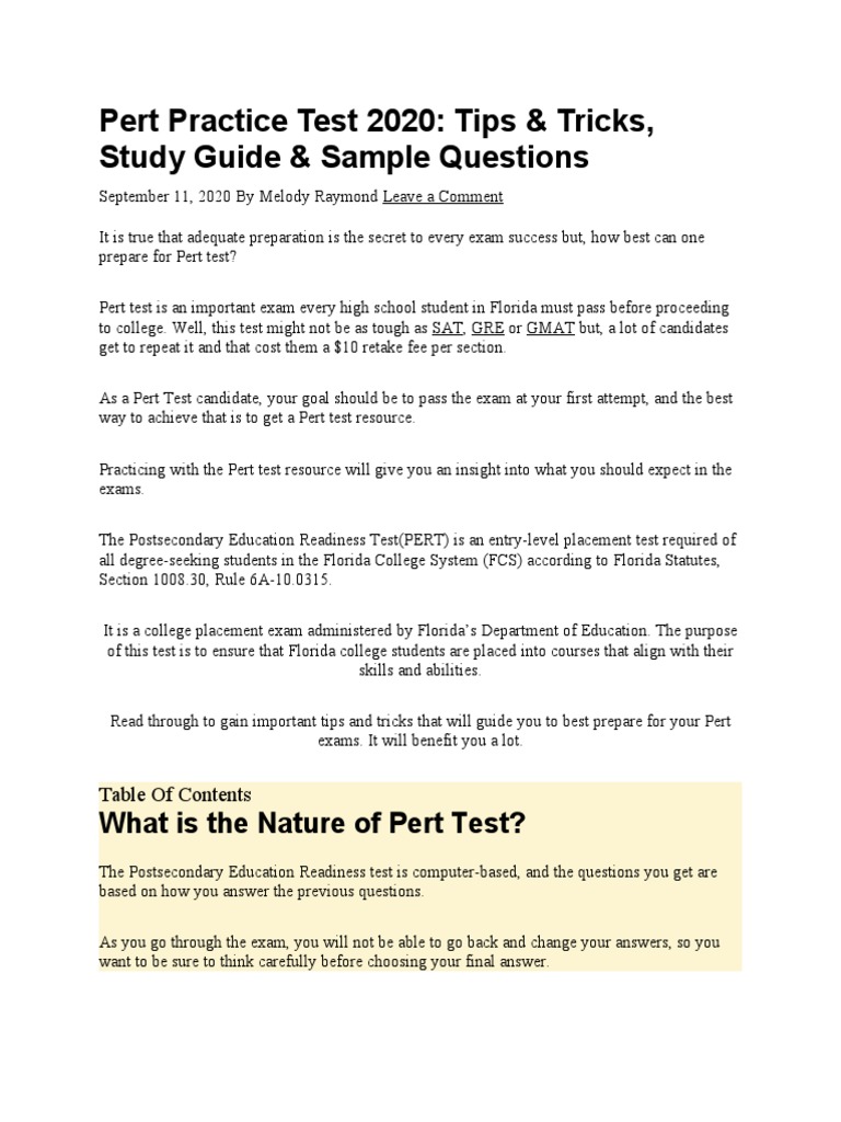 Pert Practice Test 2020 | PDF | Test (Assessment) | Equations