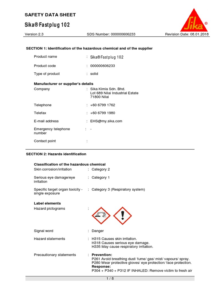Sika® Fastplug 102: Safety Data Sheet | PDF | Dangerous Goods | Firefighting
