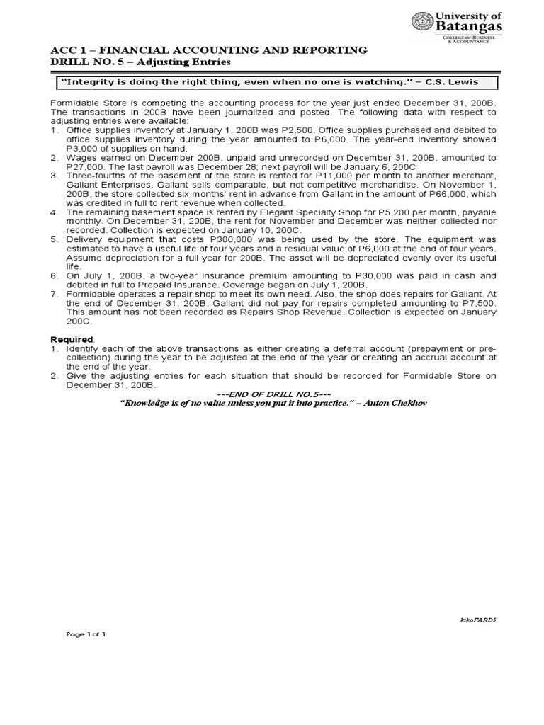 Acc 1 - Financial Accounting and Reporting DRILL NO. 5 - Adjusting ...