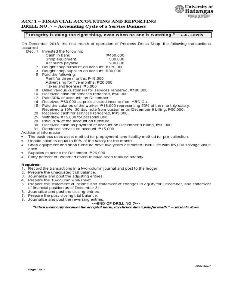 Acc 1 - Financial Accounting and Reporting DRILL NO. 7 - Accounting ...