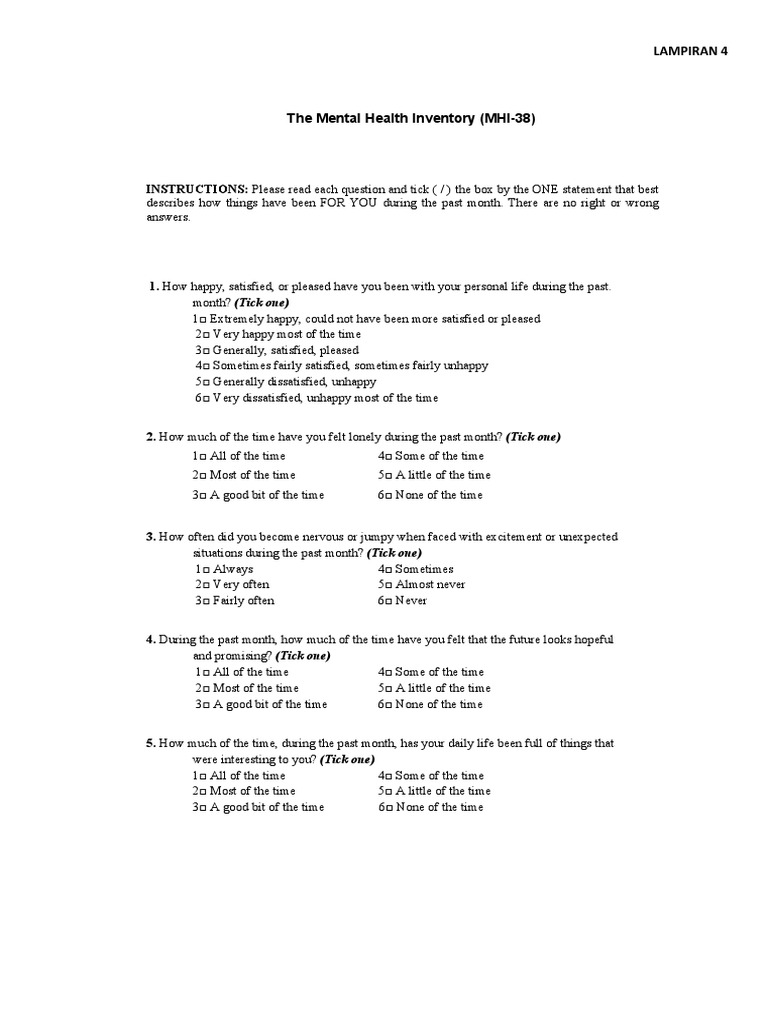 MHI-38 Mental Health Inventory Questionnaire | PDF | Human Nature ...