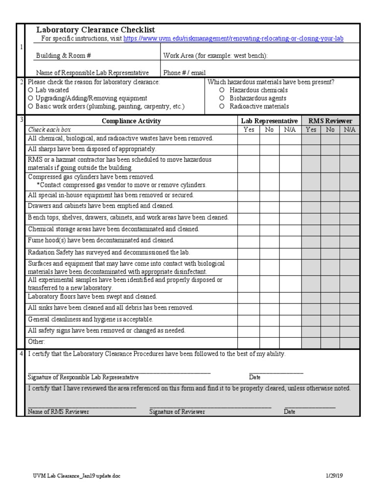 Laboratory Clearance Checklist: Compliance Activity Lab Representative ...