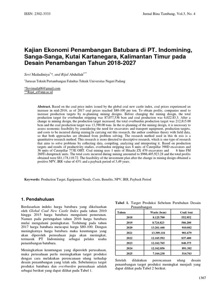 Kajian Ekonomi Penambangan Batubara PT Indomining | PDF | Nilai Bersih ...