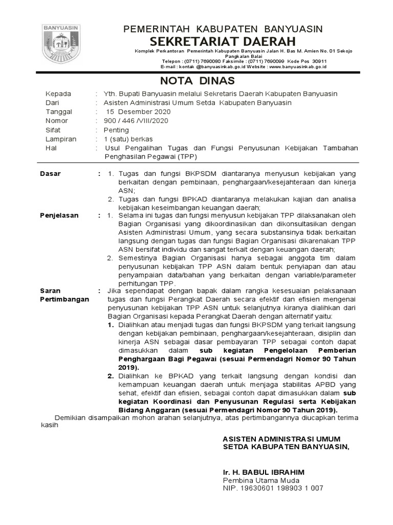 Nota Dinas Usul Pengalihan Tusi TPP | PDF