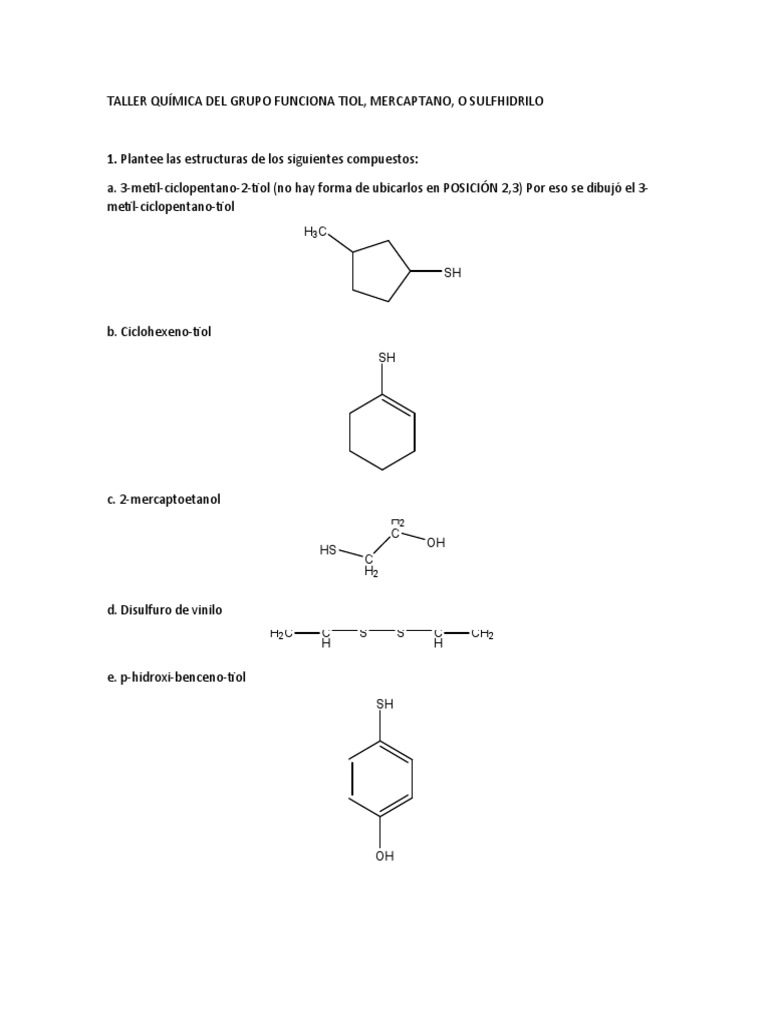 Taller Química Del Grupo Funciona Tiol | PDF | Tiol | Compuestos químicos