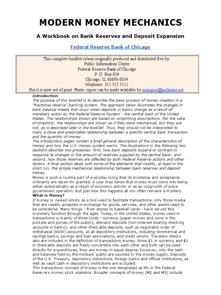 Modern Money Mechanics: A Workbook On Bank Reserves and Deposit ...