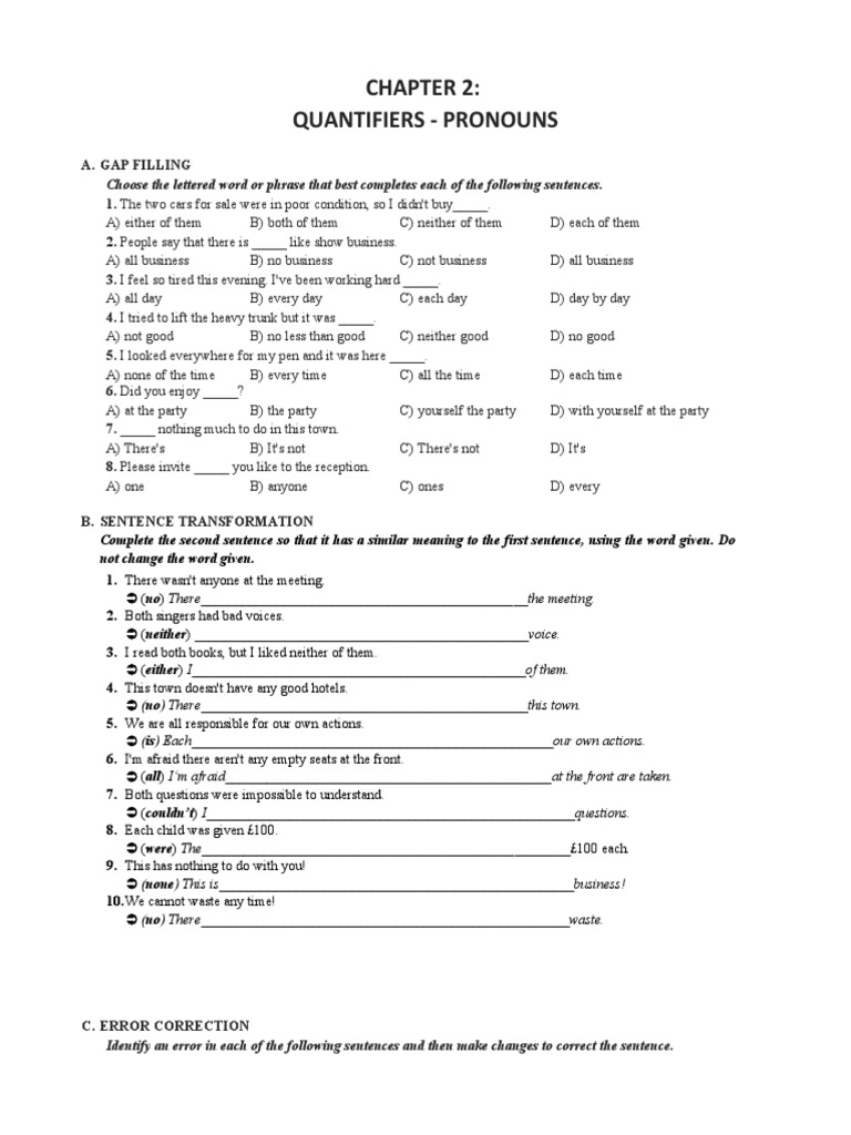 Quantifiers - Pronouns: Choose The Lettered Word or Phrase That Best ...