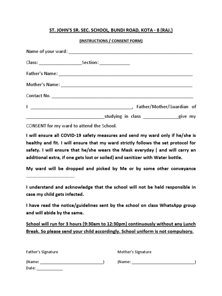 Consent Form For Sending My Child To School | PDF