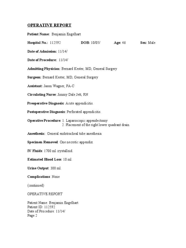 Operative Report | Download Free PDF | Surgery | Medical Specialties