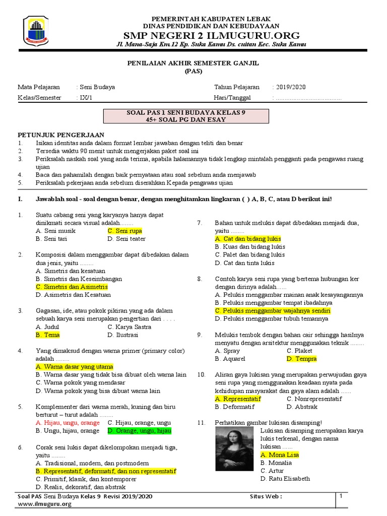 Ilmuguru - Org - Soal PAS 1 Seni Budaya Kelas 9 | PDF