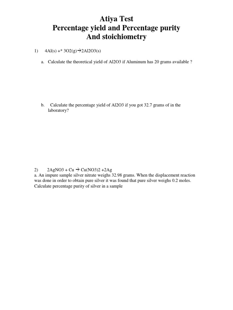 Percentage Yield and Purity Worksheet | PDF