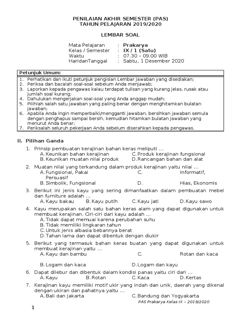11-Soal Pas Prakarya 9 k13 Rev | PDF