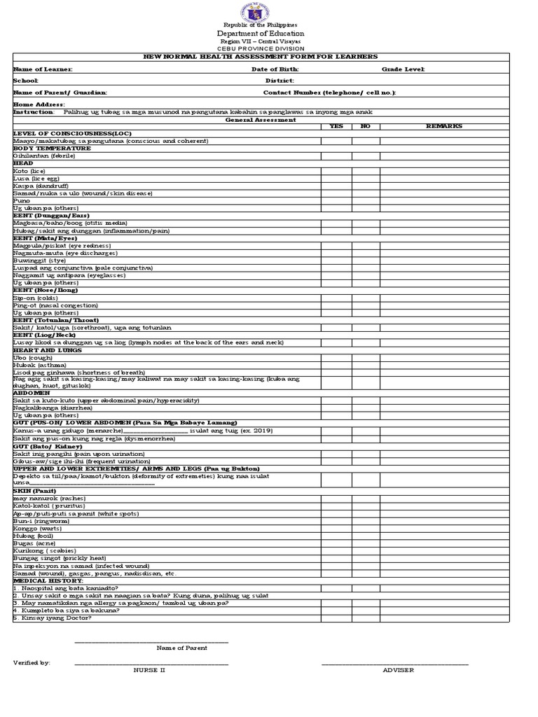 Department of Education: New Normal Health Assessment Form For Learners ...