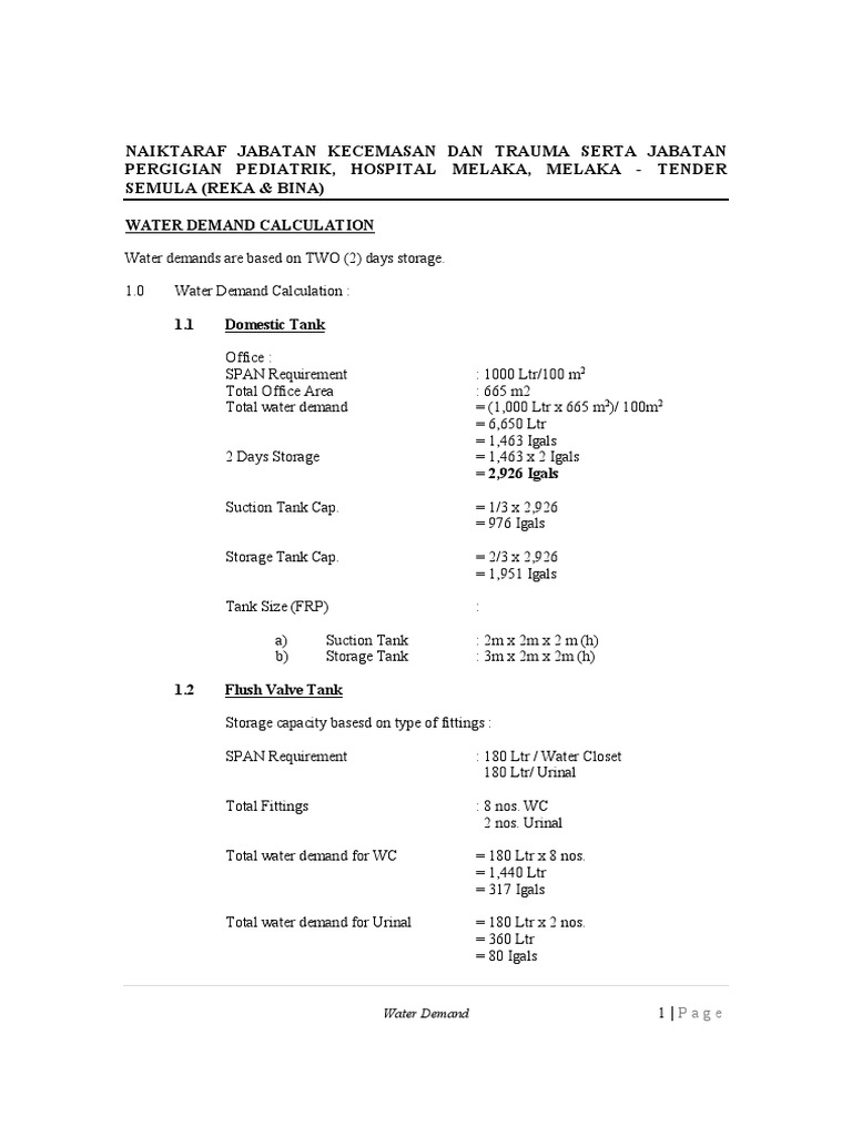01 - Hospital Melaka - Water Demand | PDF | Hydraulic Engineering | Sanitation