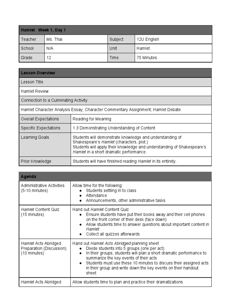 Educ5208 Hamlet Lesson Plan 1 | PDF | Language Arts & Discipline