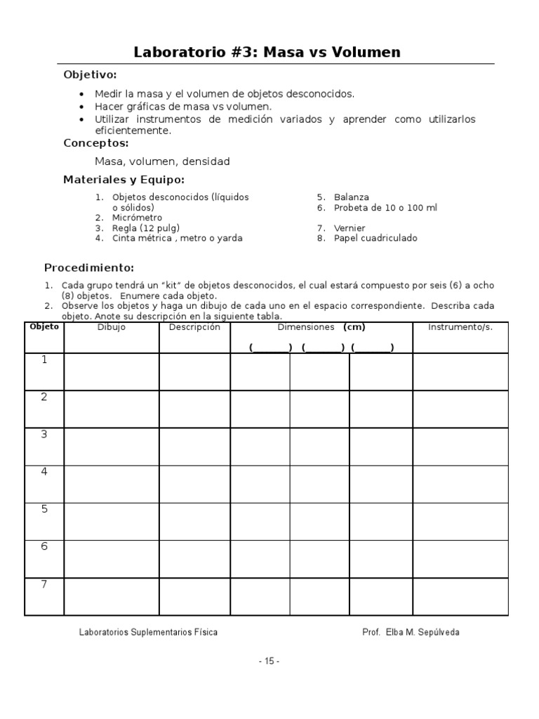 Laboratorio 03 Masa Volumen Densidad 2007 | Densidad | Volumen