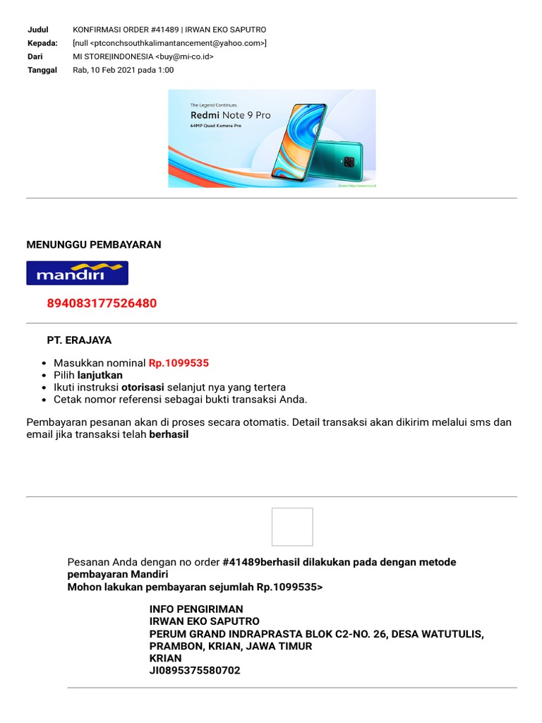 Dokumen Yahoo Mail - Konfirmasi Order #41489 - Irwan Eko Saputro | PDF