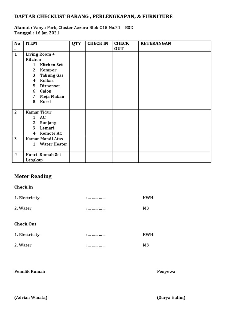 DAFTAR CHECKLIST Sewa Menyewa BSD | PDF