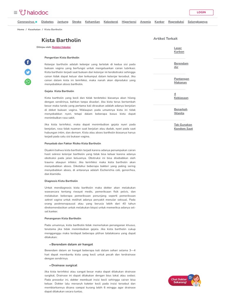 Kista Bartholin - Gejala, Penyebab, Diagnosis, Cara Menangani Dan Mencegah | PDF