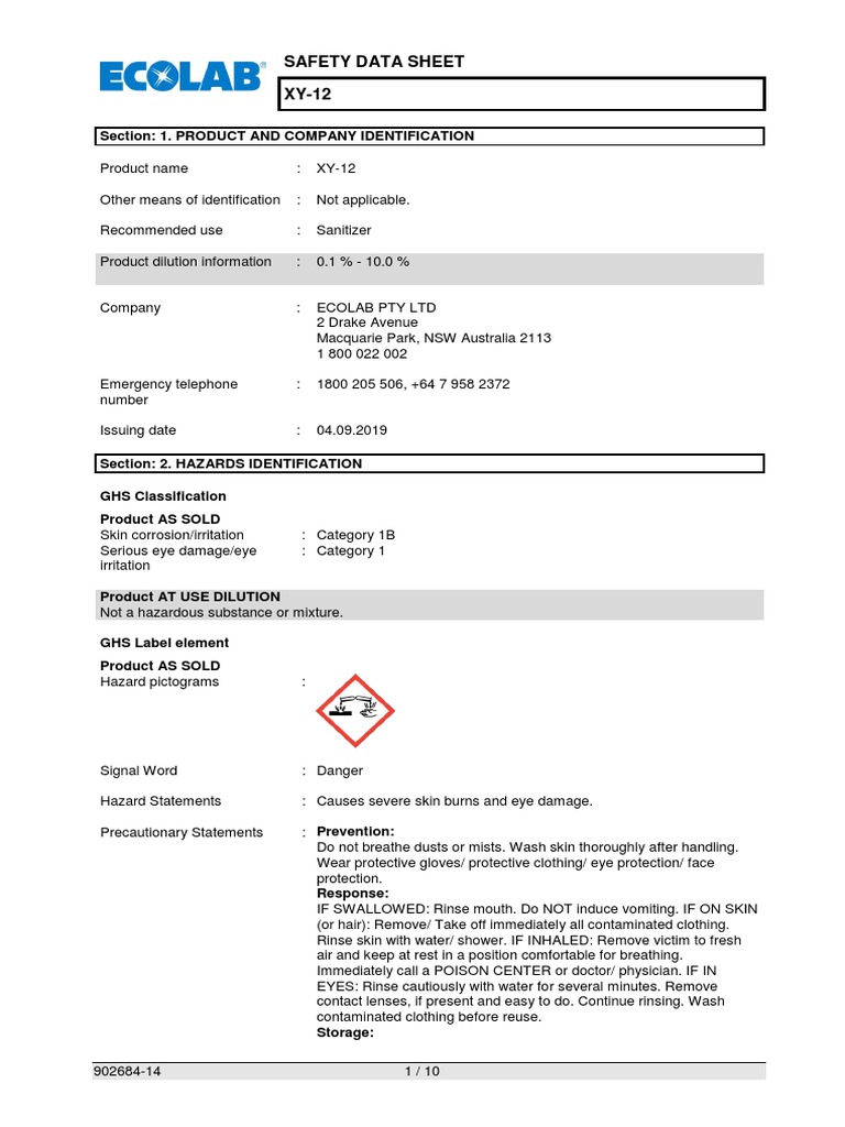 Safety Data Sheet XY-12: Section: 1. Product and Company Identification | PDF | Personal ...