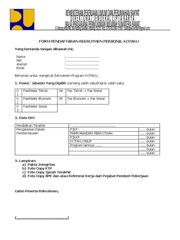 Form Pendaftaran Rekrutmen Personil Dan Pakta Integritas Kotaku-2021 | PDF
