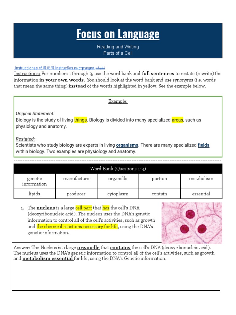 Copy of Focus On Language (Reading and Writing) Parts of A Cell | PDF ...